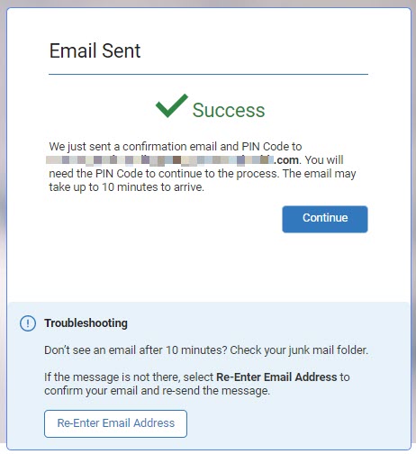 Email sent screen